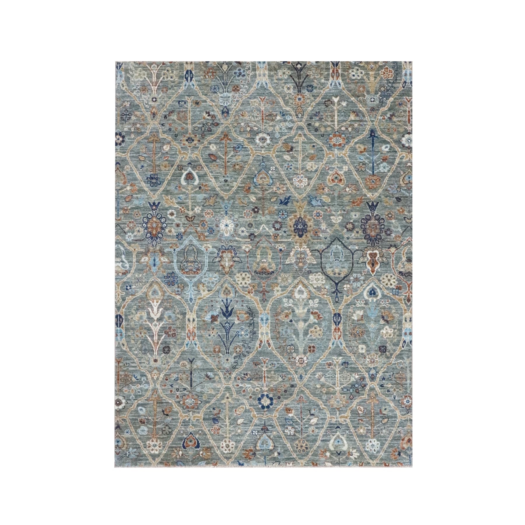 5'x7' Green Hand Knotted Wool Rug Trellis Borderless Garden Design ...